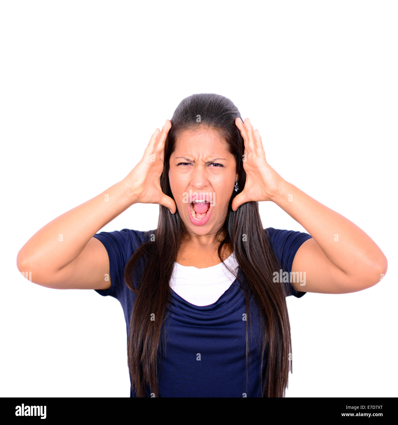 Young woman screaming with hands on head against white background Stock ...