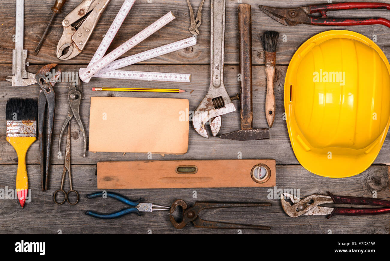 Vintage construction tools background Stock Photo - Alamy