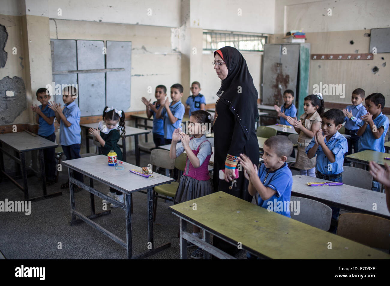 Gaza. 14th Sep, 2014. Palestinian students study inside their classroom ...