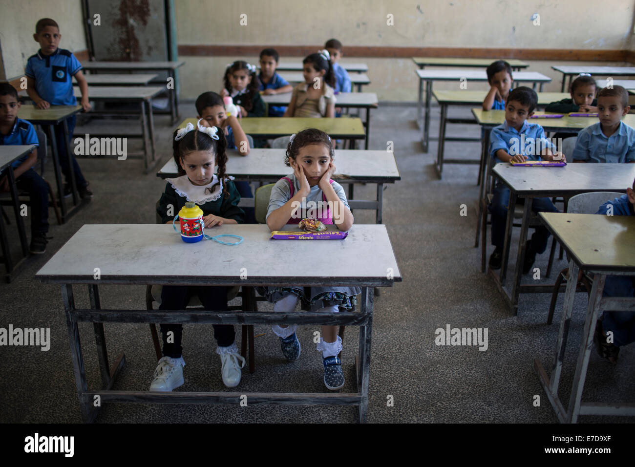 Gaza. 14th Sep, 2014. Palestinian students study inside their classroom ...