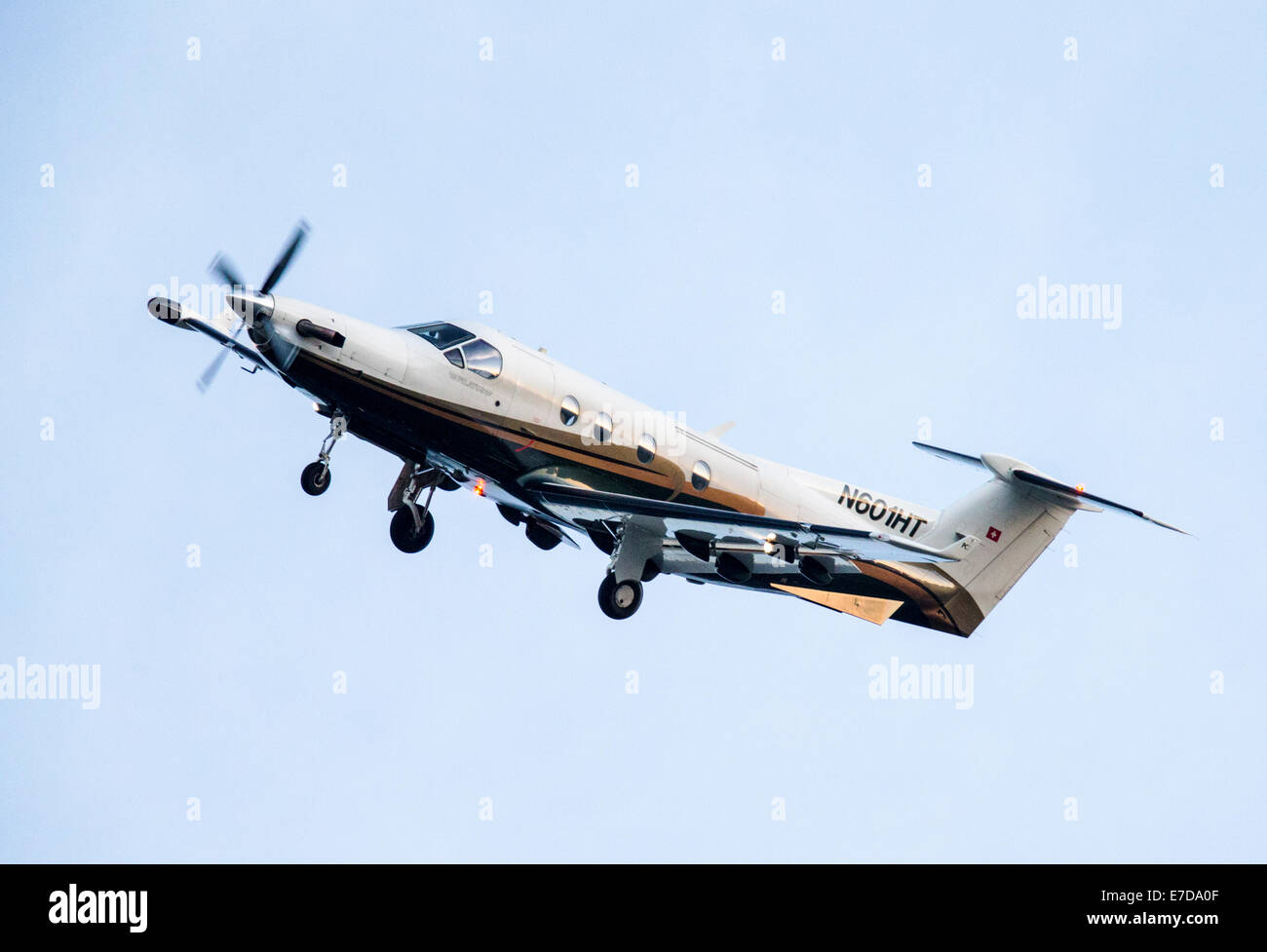 Swiss made, Pilatus PC-12 NG turboprop airplane preparing to land in ...