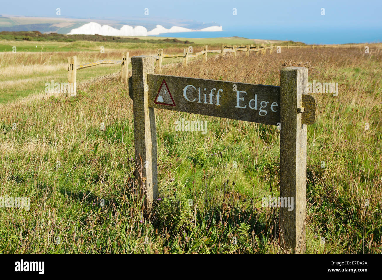 Cliff edge warning sign at Seven Sisters Country Park near Seaford ...