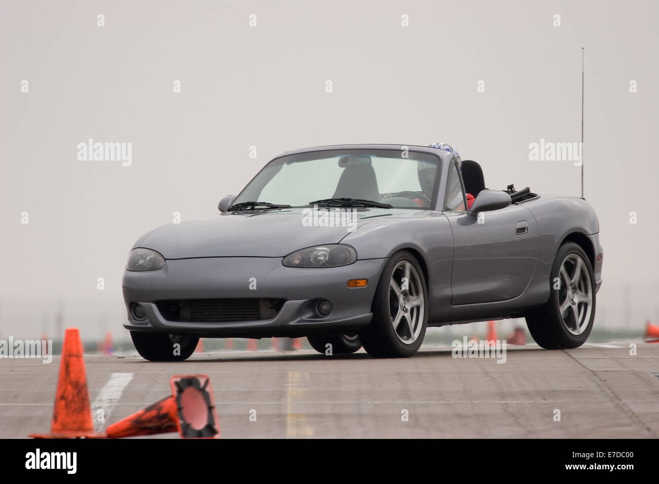 A gray convertable sports car in an autocross race at a regional Sports ...