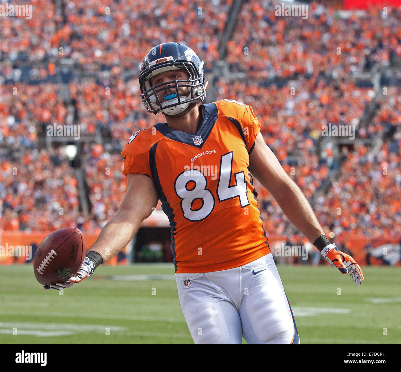 Denver, Colorado, USA. 14th Sep, 2014. Broncos TE JACOB TAMME reacts to ...