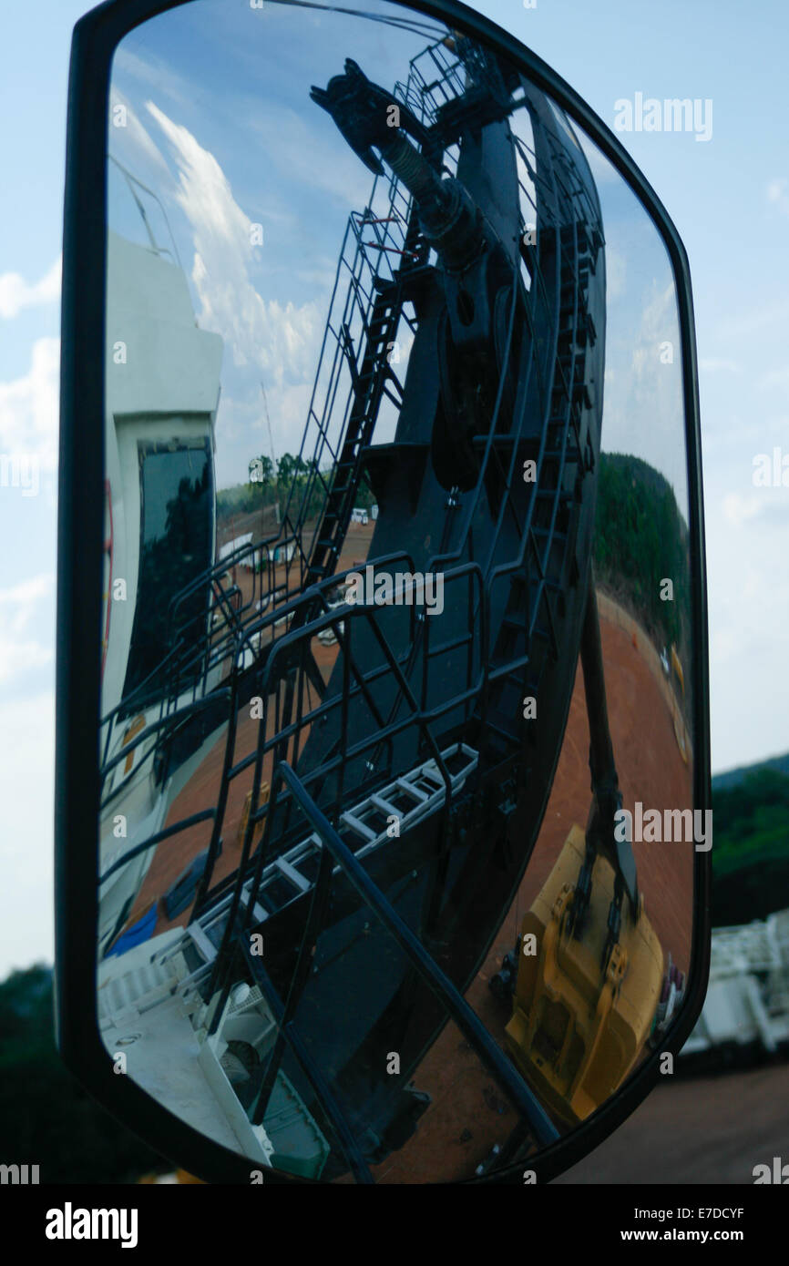 Looking into the rear view mirror of a massive caterpillar cable shovel ...