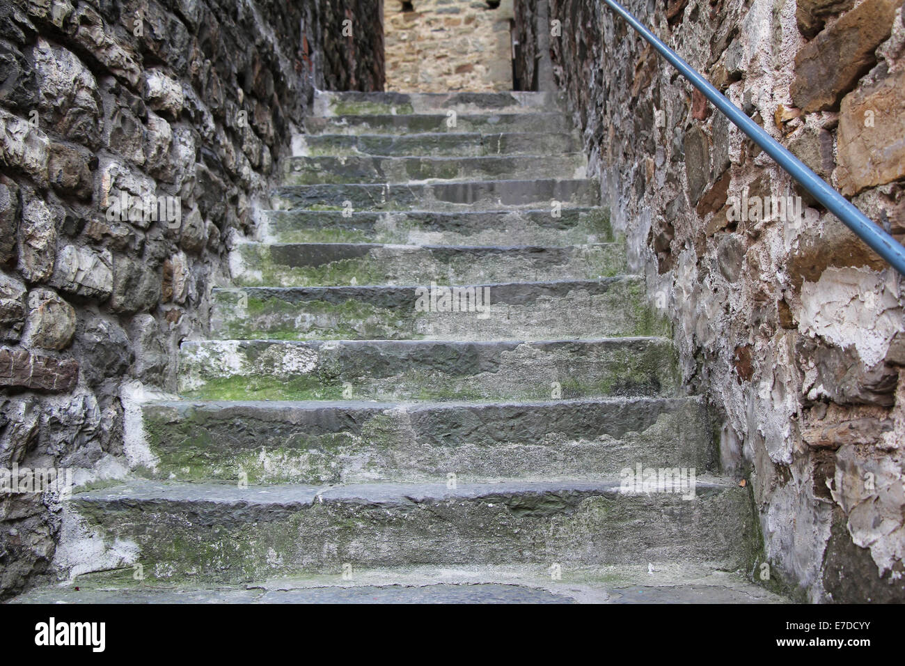 Old damaged stone staircase, up and down, textured background Stock ...