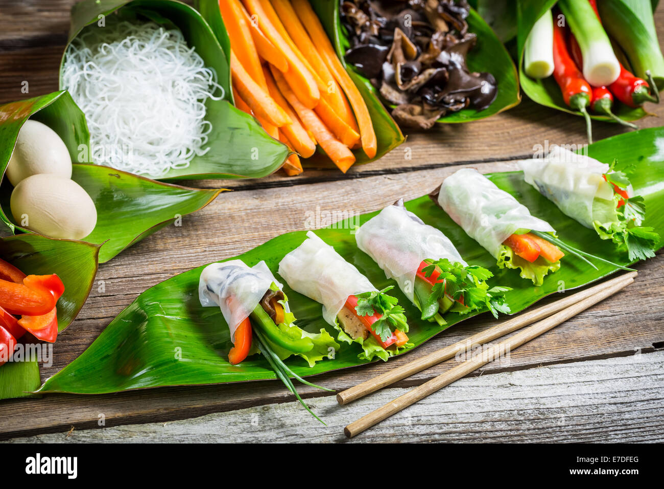 Fresh spring rolls wrapped in rice paper Stock Photo - Alamy