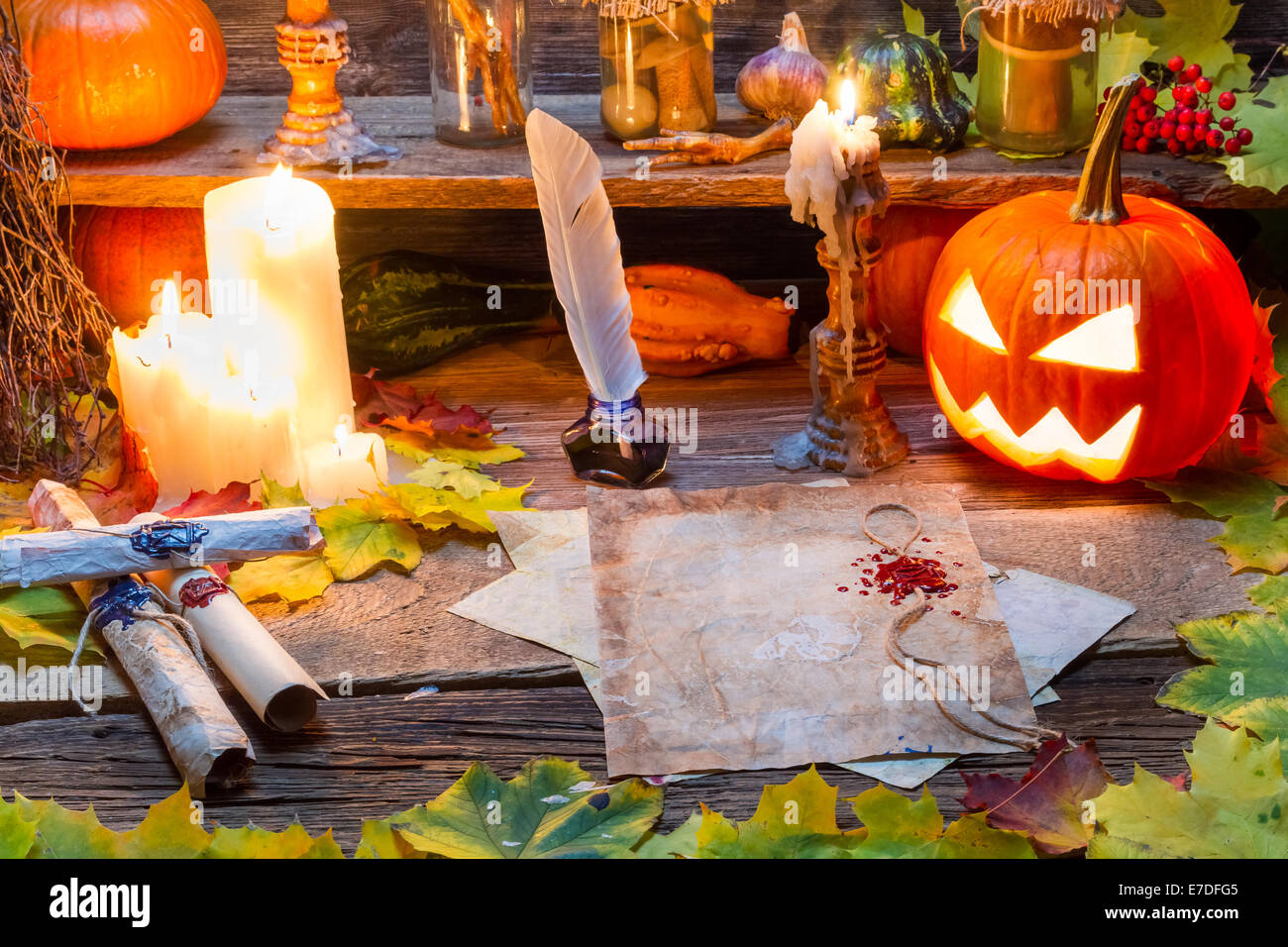 Table witches ready to write the scroll Stock Photo - Alamy