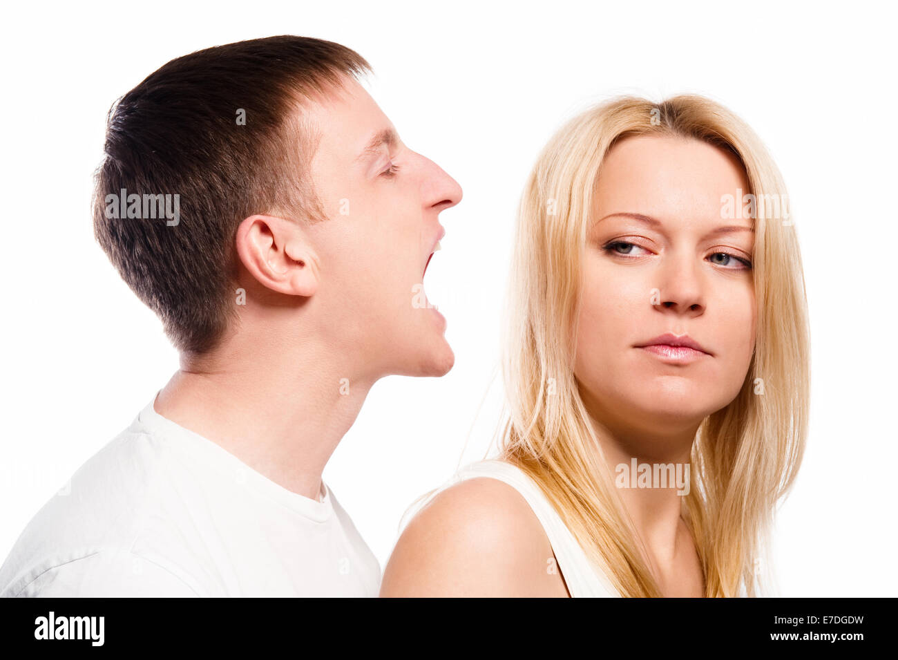 Man screaming at his girlfriend over white background Stock Photo - Alamy