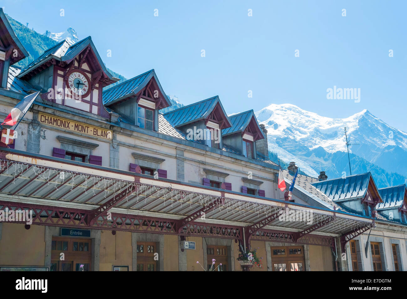 CHAMONIX, FRANCE - SEPTEMBER 02: Facade of Chamonix train station, with ...