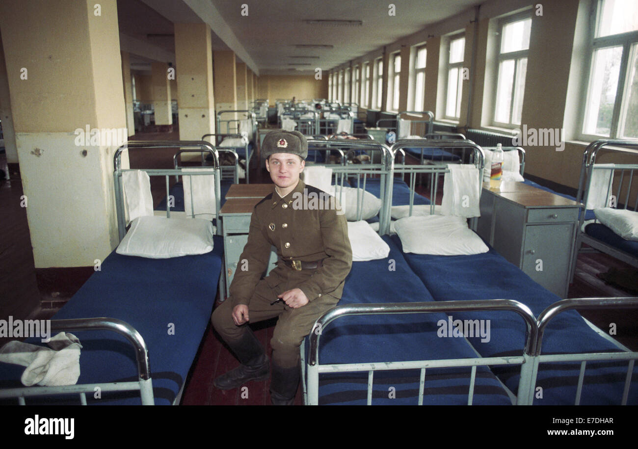 View into a dormitory of a Red Army barrack in Hillersleben, Germany ...