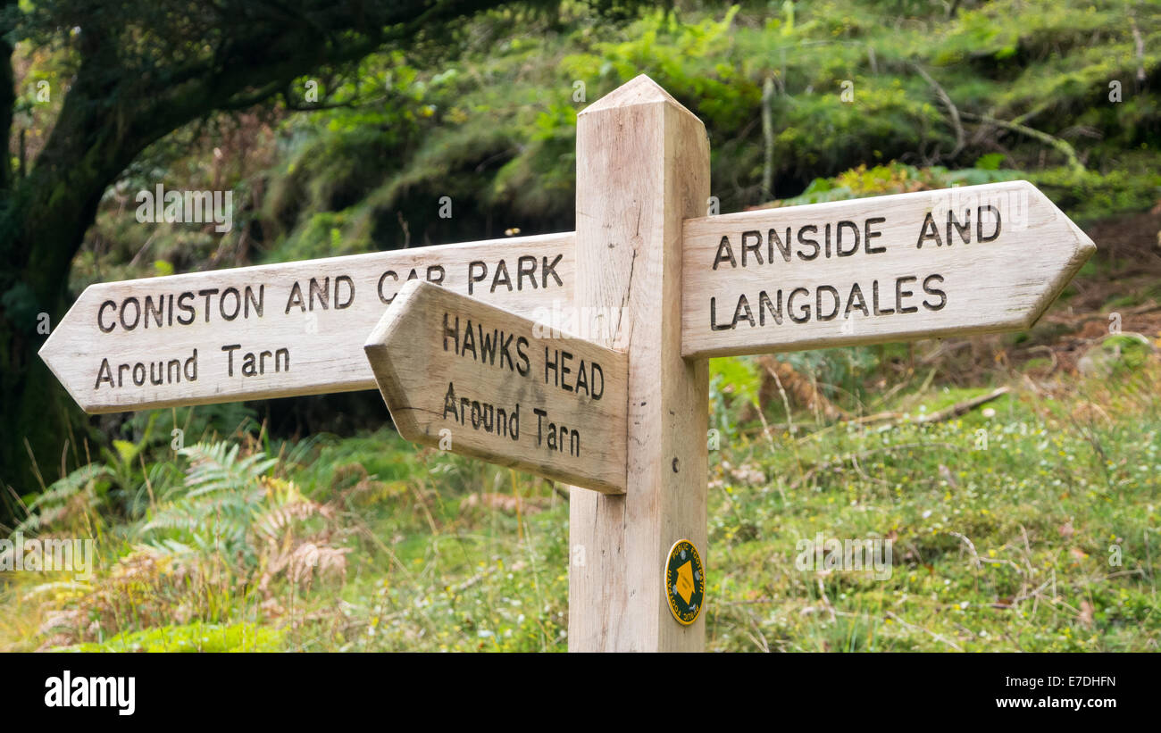 The footpath sign seen at the Tarn Hows, showing the ways to Conniston ...