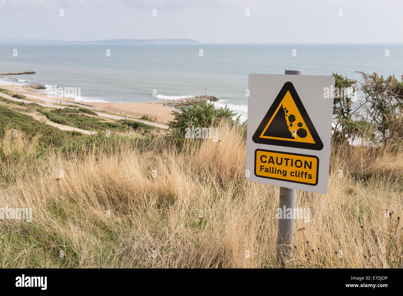 Caution falling cliffs sign Highcliffe cliff edge overlooking the sea ...
