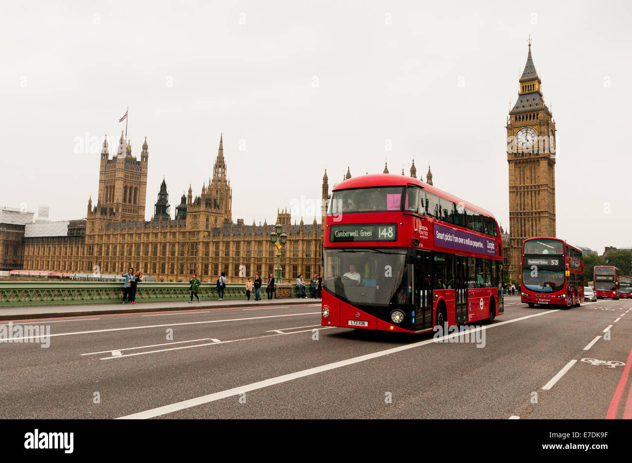 Red London Buses on Westminster Bridge Under Big Ben Stock Photo - Alamy