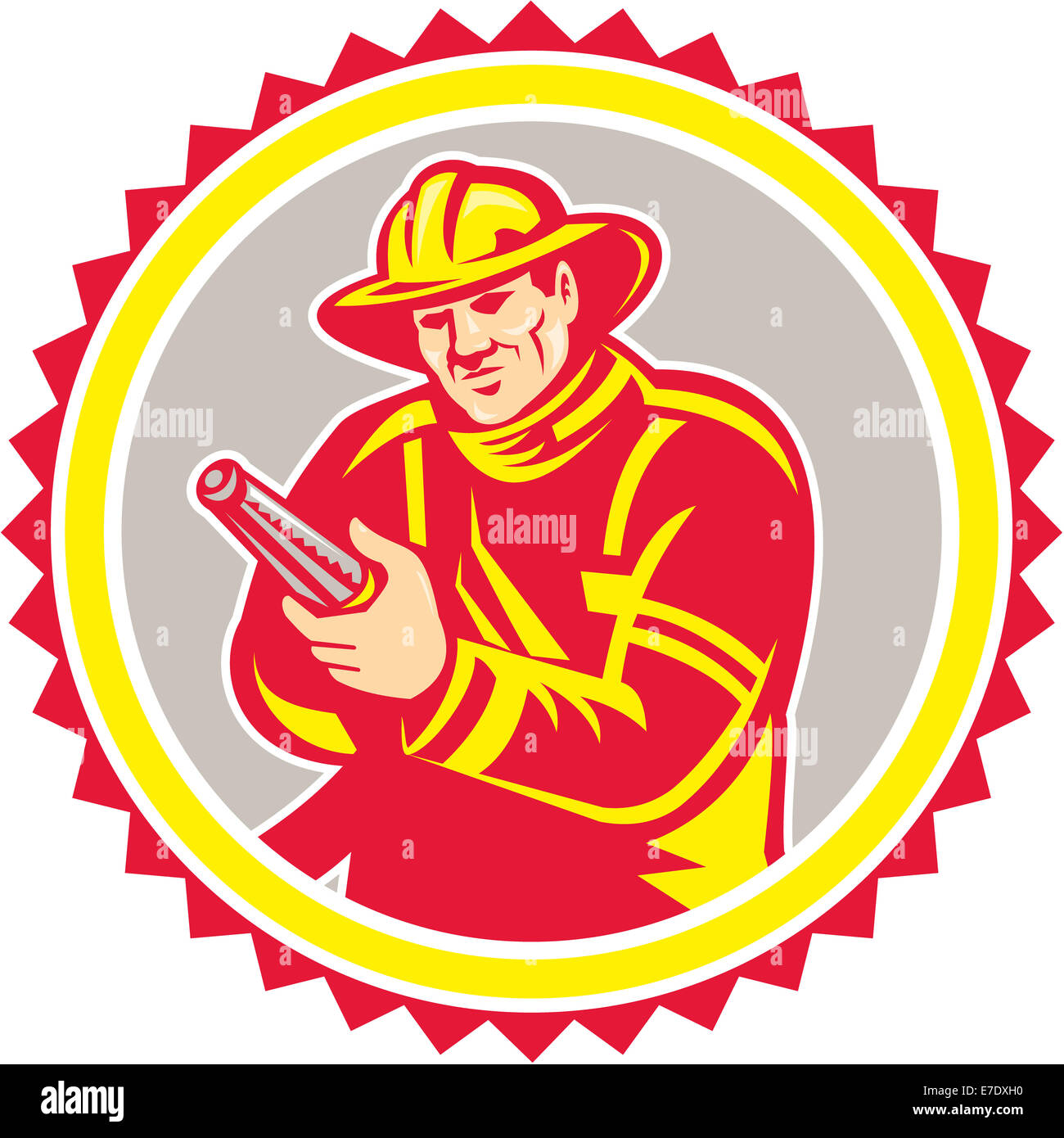 Illustration of a fireman fire fighter emergency worker holding aiming ...