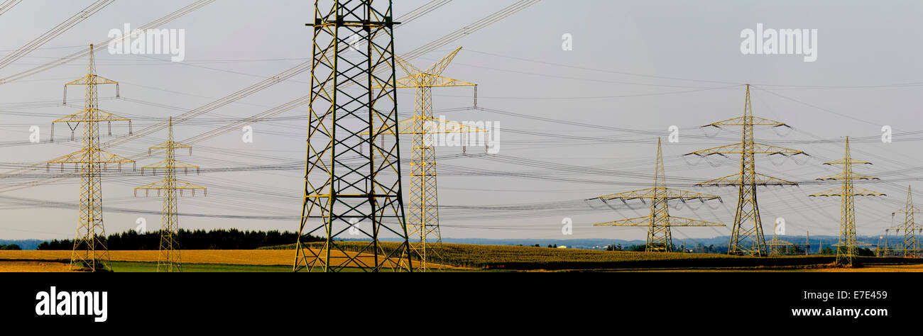 group of many electric pylons in Bavaria, Germany Stock Photo - Alamy