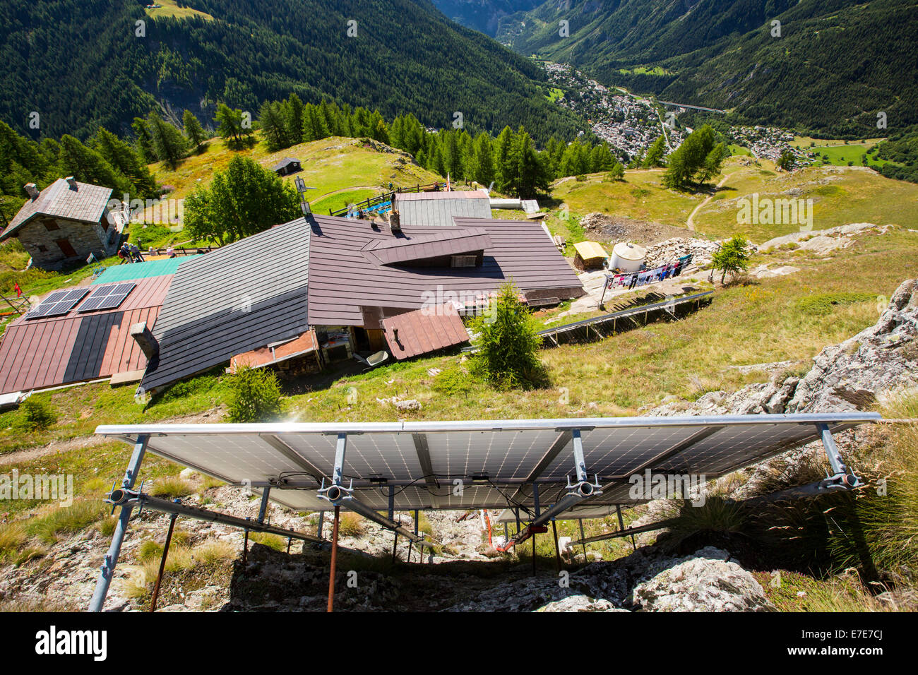 Solar panels attached to a cliff above the Refuge Bertone, which ...