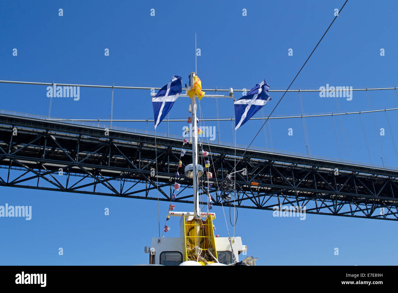 A shot from the deck of a boat going under the Forth Road Bridge ...