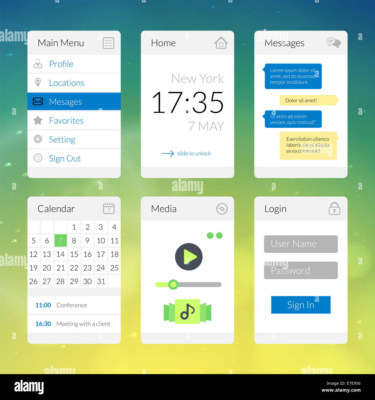 Mobile flat interface elements with colorful wallpaper, design for applications Stock Photo - Alamy