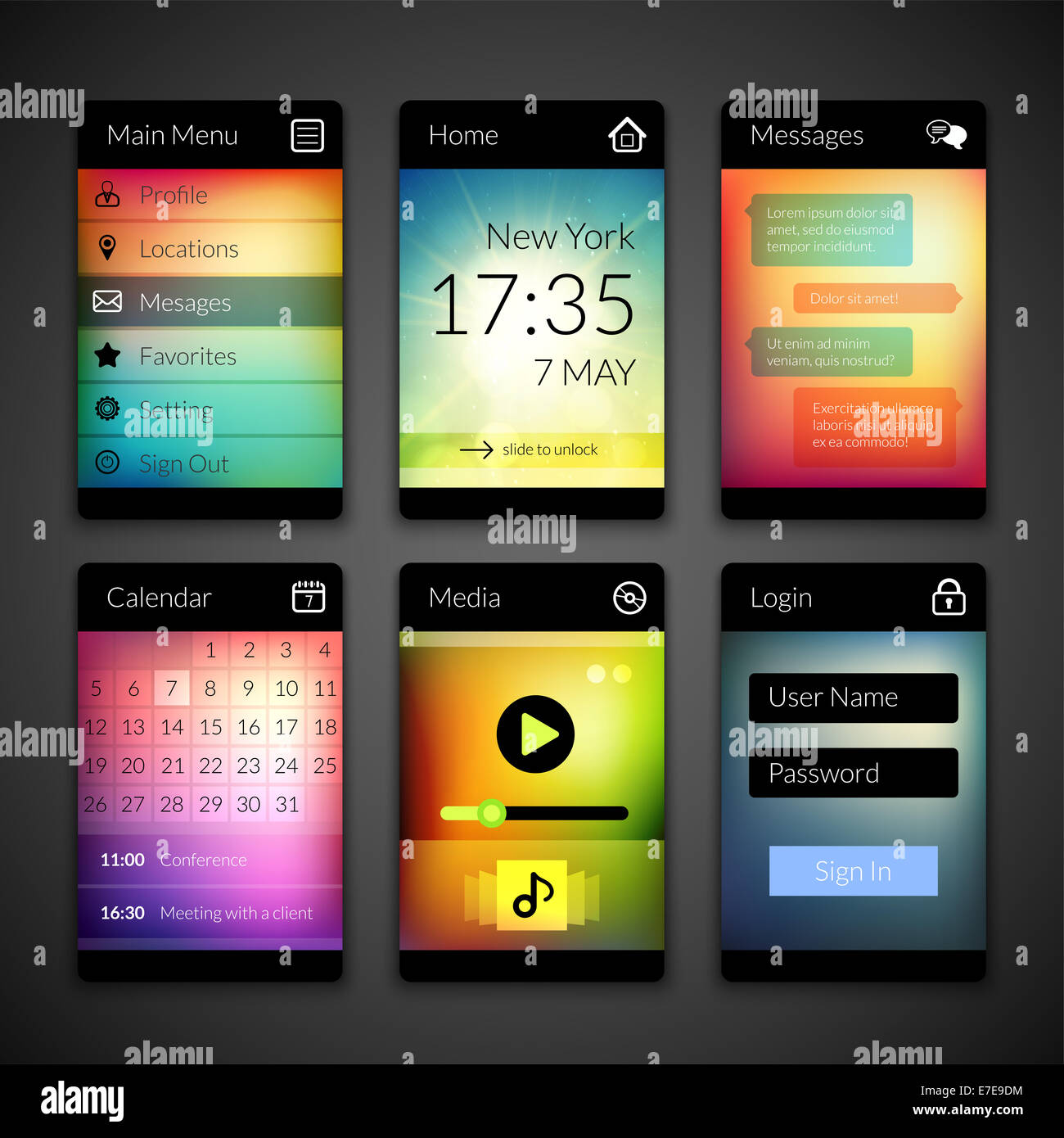 Mobile interface elements with colorful wallpaper, design for ...