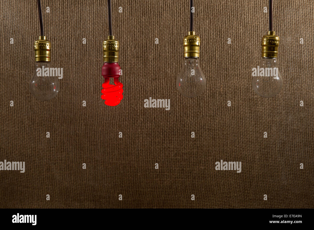 Hanging red CFL (compact fluorescent lamp) bulb and three incandescent ...