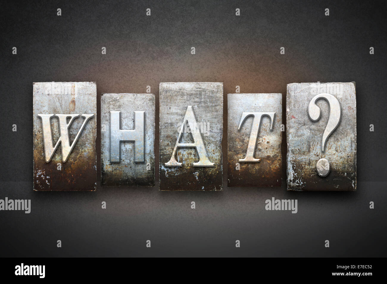 The question WHAT? written in vintage letterpress type Stock Photo - Alamy