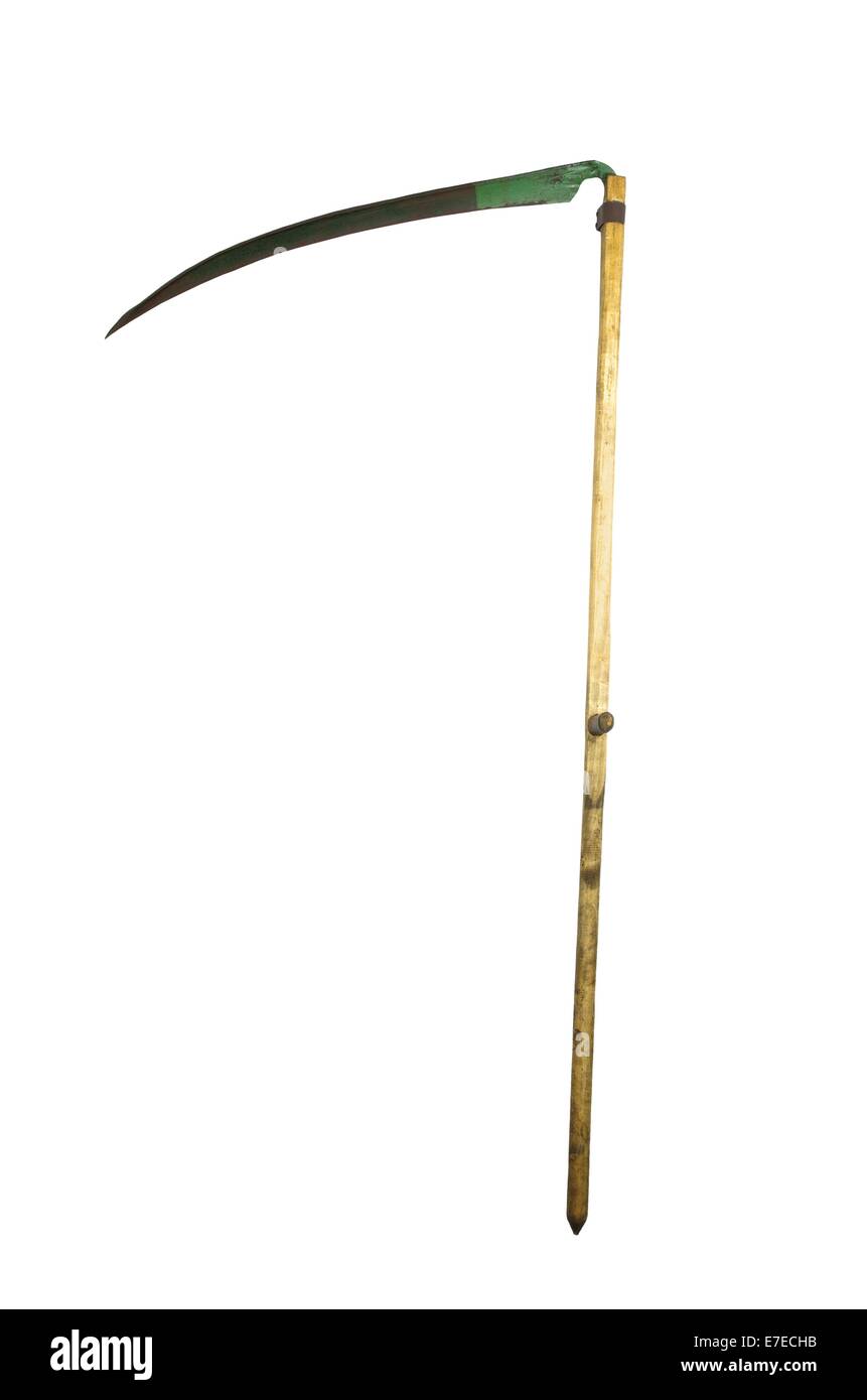 old scythe on white background Stock Photo - Alamy