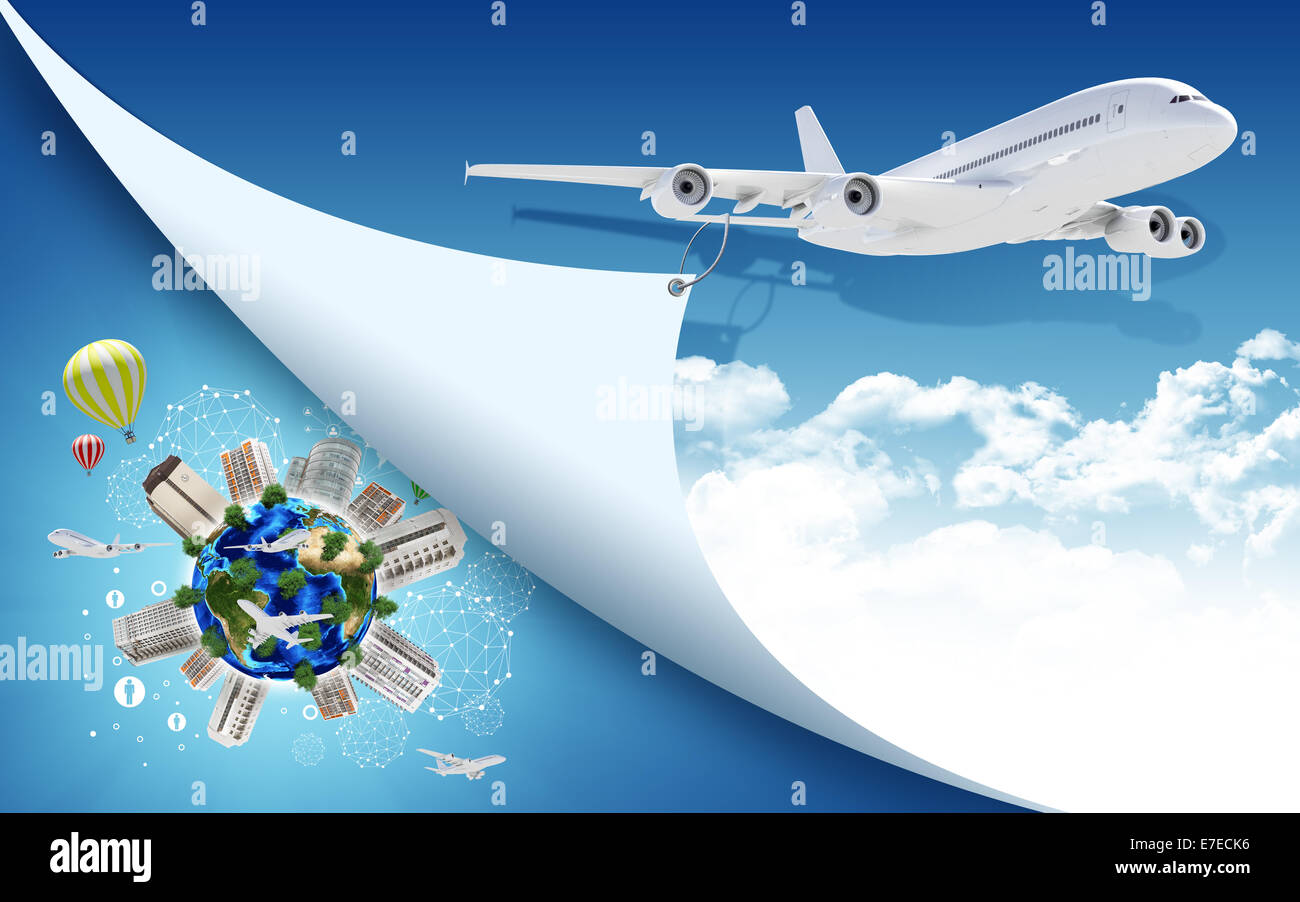 Airplane and Earth with buildings Stock Photo - Alamy