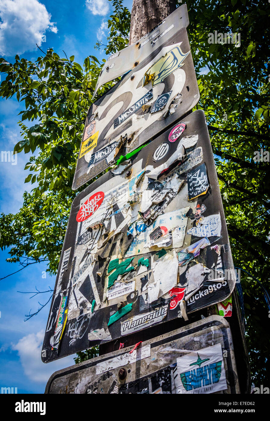 Road sign covered in stickers in Little Five Points, Atlanta, Georgia ...