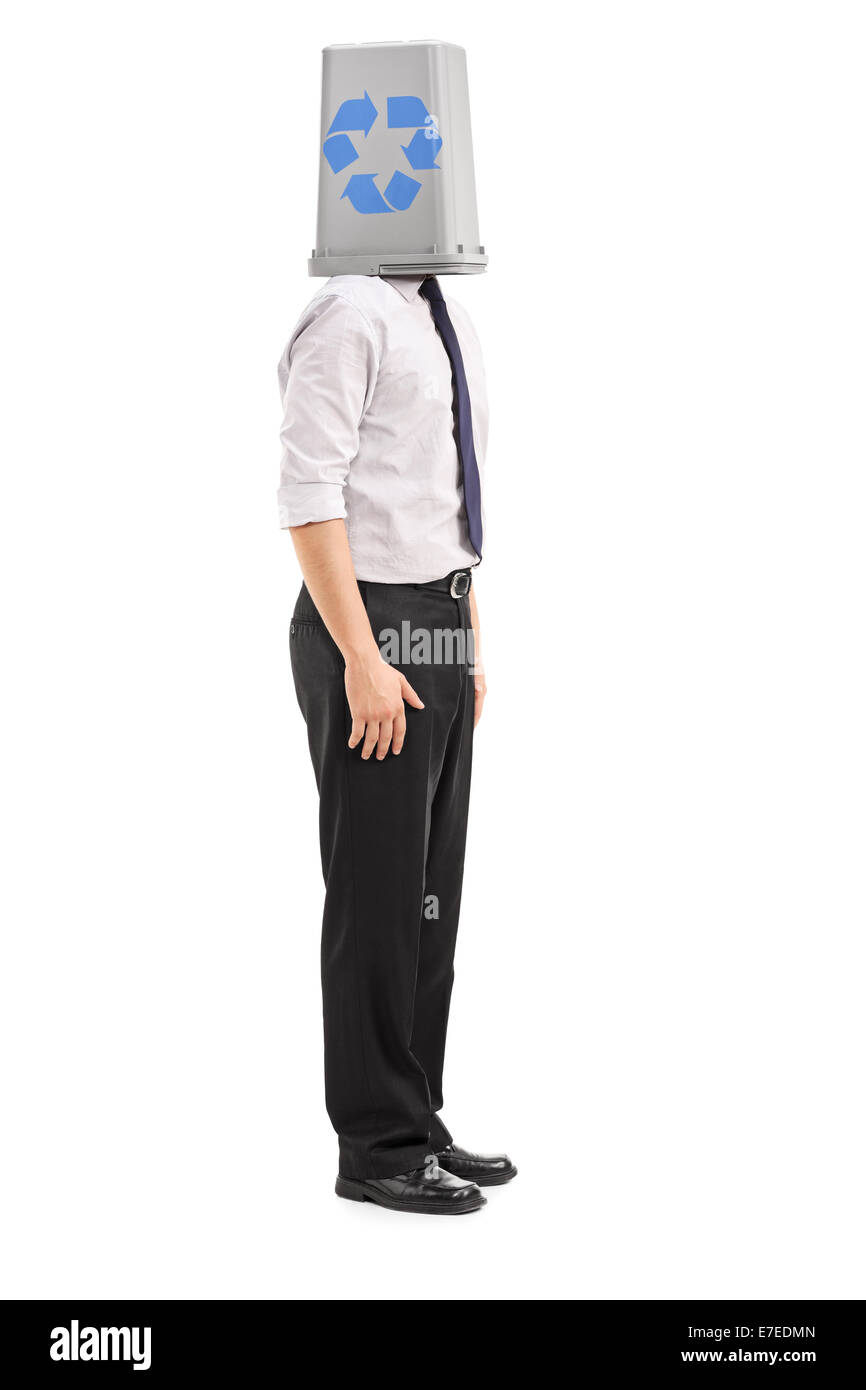 Man with a recycle bin over his head isolated on white background Stock ...