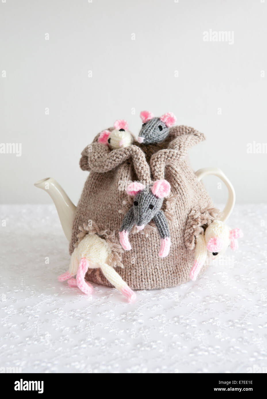 Vintage style hand-knitted tea cosy in the form of a Sack of Mice Stock ...