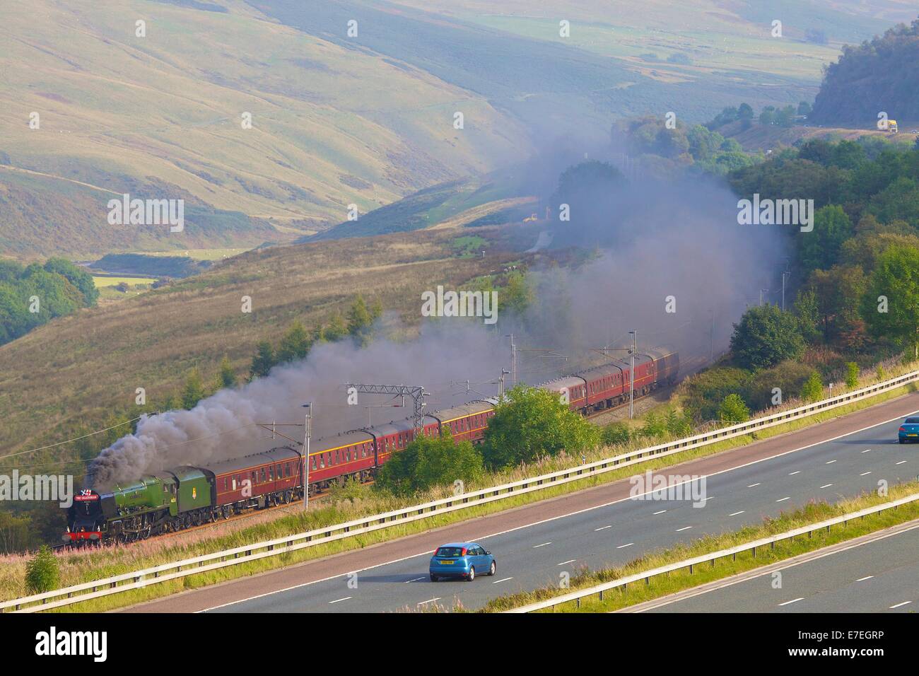 Steam train locomotive to the M6 motorway in the River Lune Valley ...