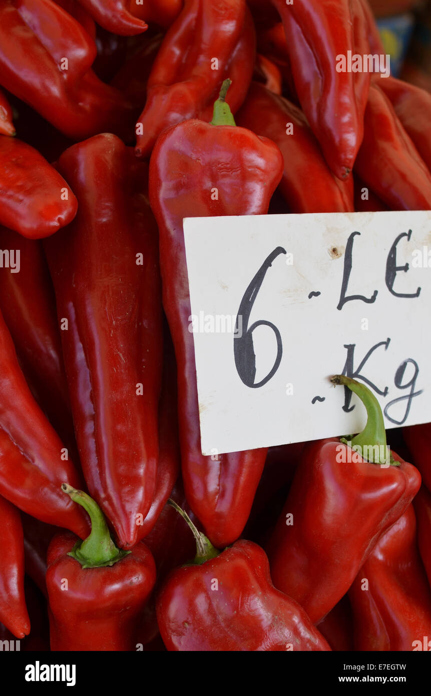 Red peppers for sale at a market in Transylvania in Romania Stock Photo ...