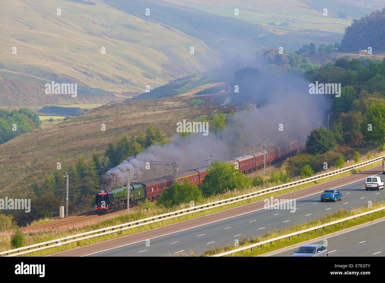 Steam train locomotive to the M6 motorway in the River Lune Valley ...