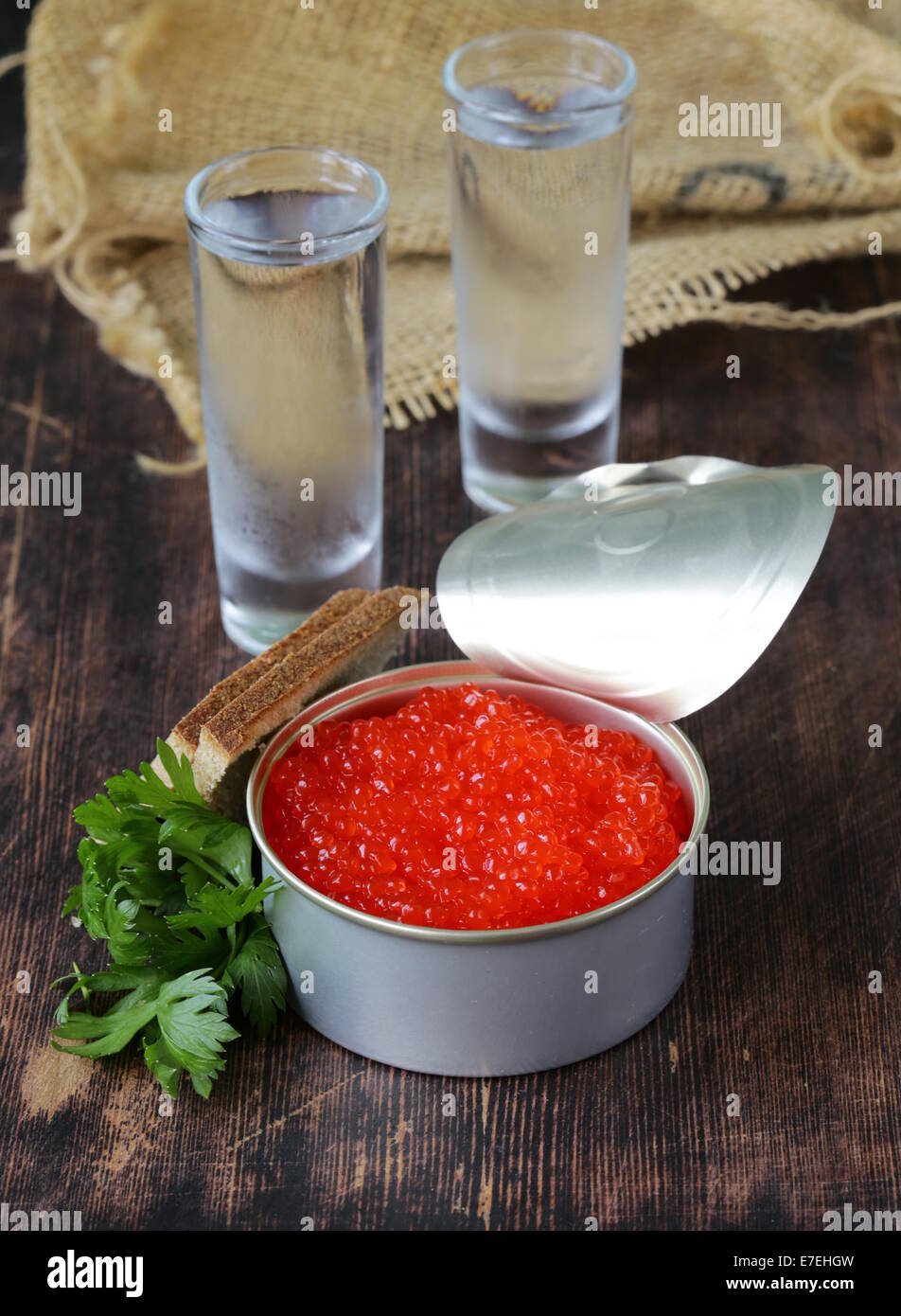 caviar with rye bread and two shots vodka on a wooden table Stock Photo ...
