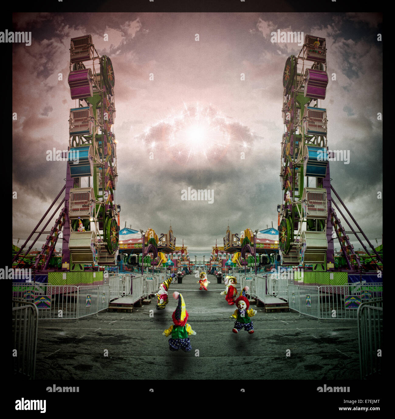 clowns running around a fairgrounds in a surreal world depiction Stock ...