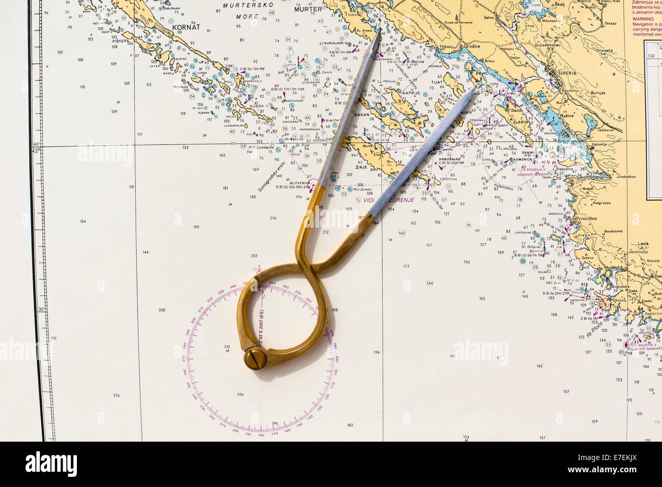 Pair of compasses for navigation on a sea map. Horizontal shot Stock ...