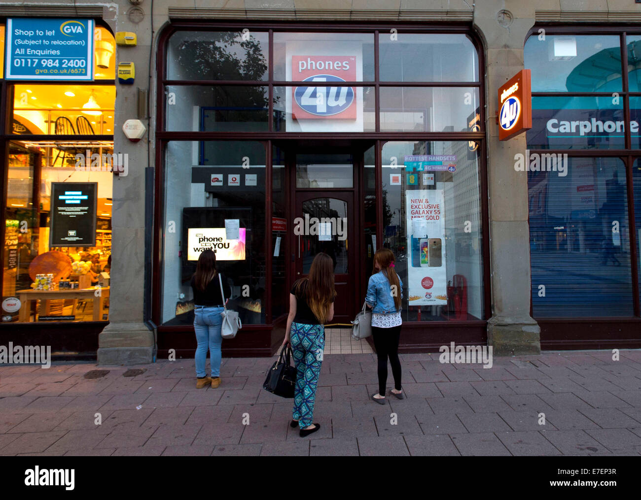 CARDIFF, WALES - SEPTEMBER 15: A Phones 4u shop seen on Queen Street in Cardiff. The mobile ...