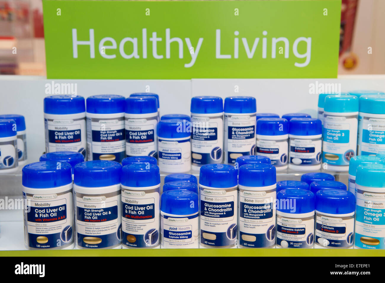 Vitamin tablets for healthy living on display in a chemist pharmacy ...