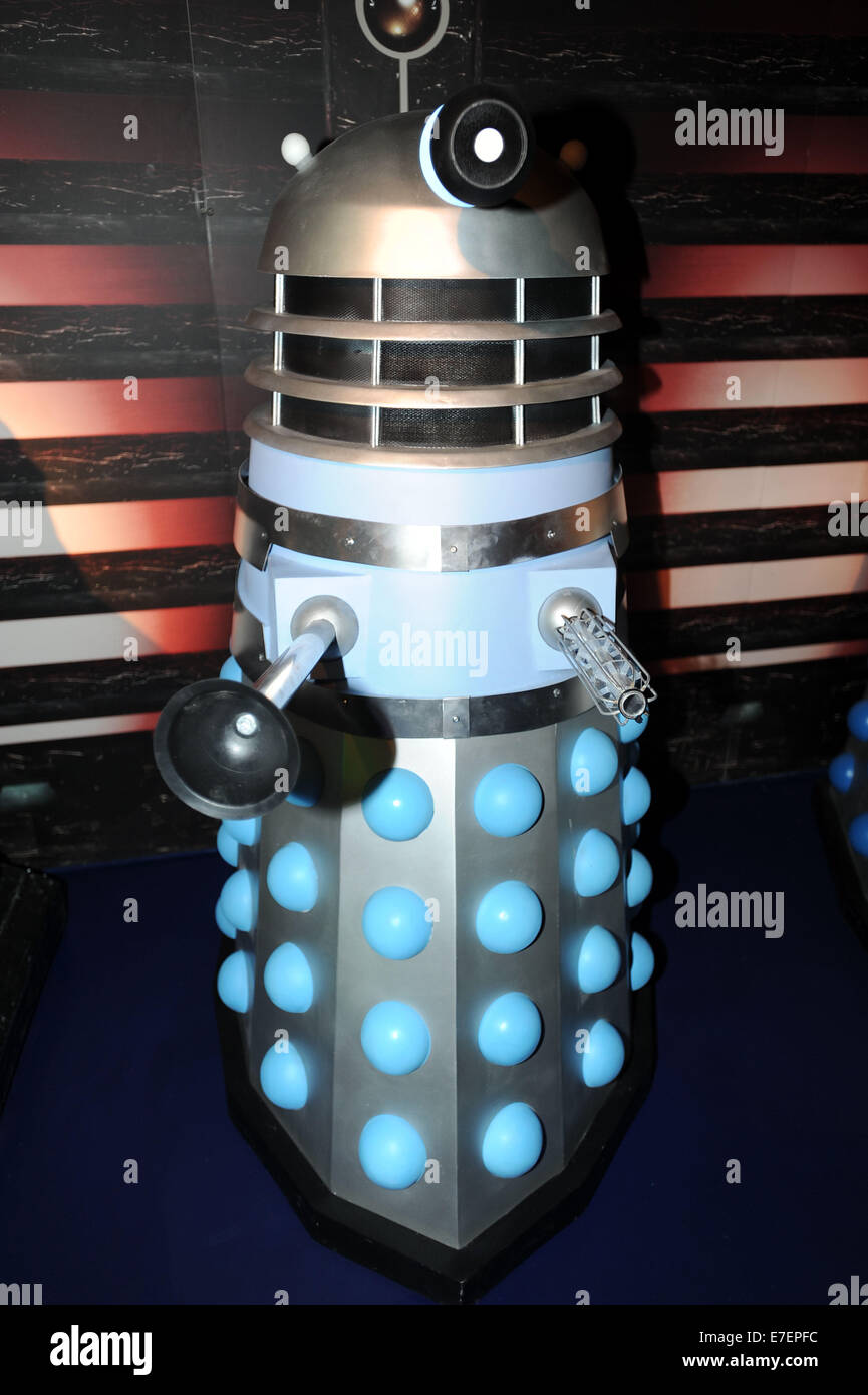 A grey/blue coloured dalek on display at the Doctor Who Experience in ...