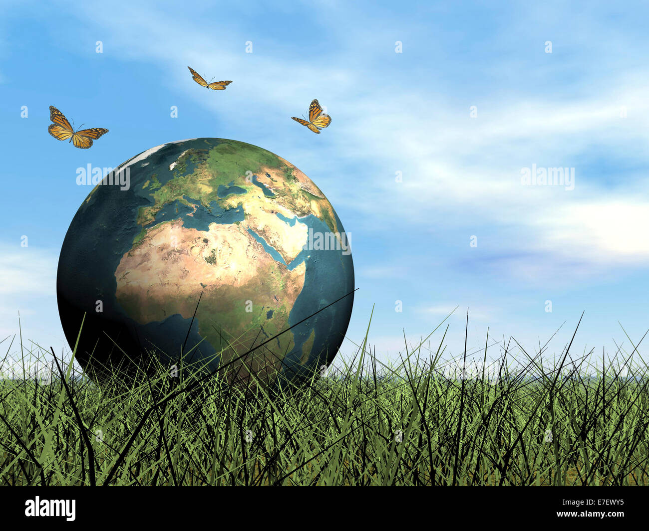 Three butterflies flying around Earth globe Stock Photo - Alamy