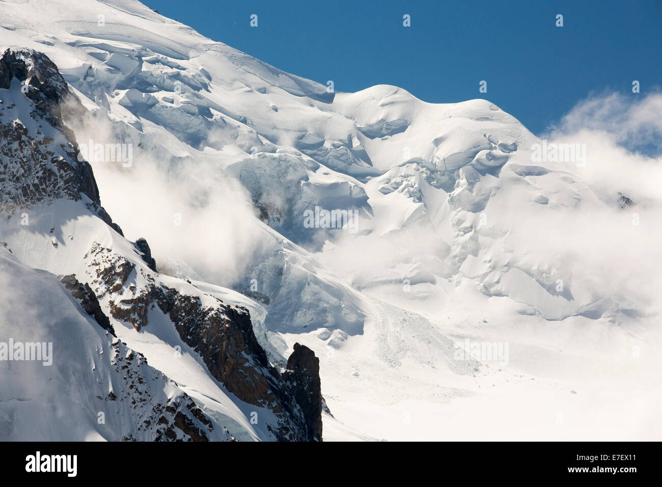 Mont Blanc with avalanche debris above Chamonix town, France Stock ...