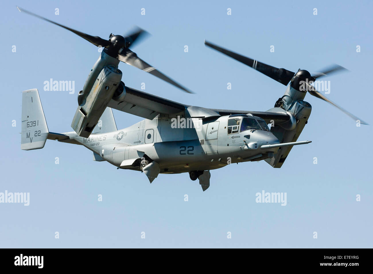 A U.S. Marine Corps V-22 Osprey transitions to wingborne flight at RAF ...