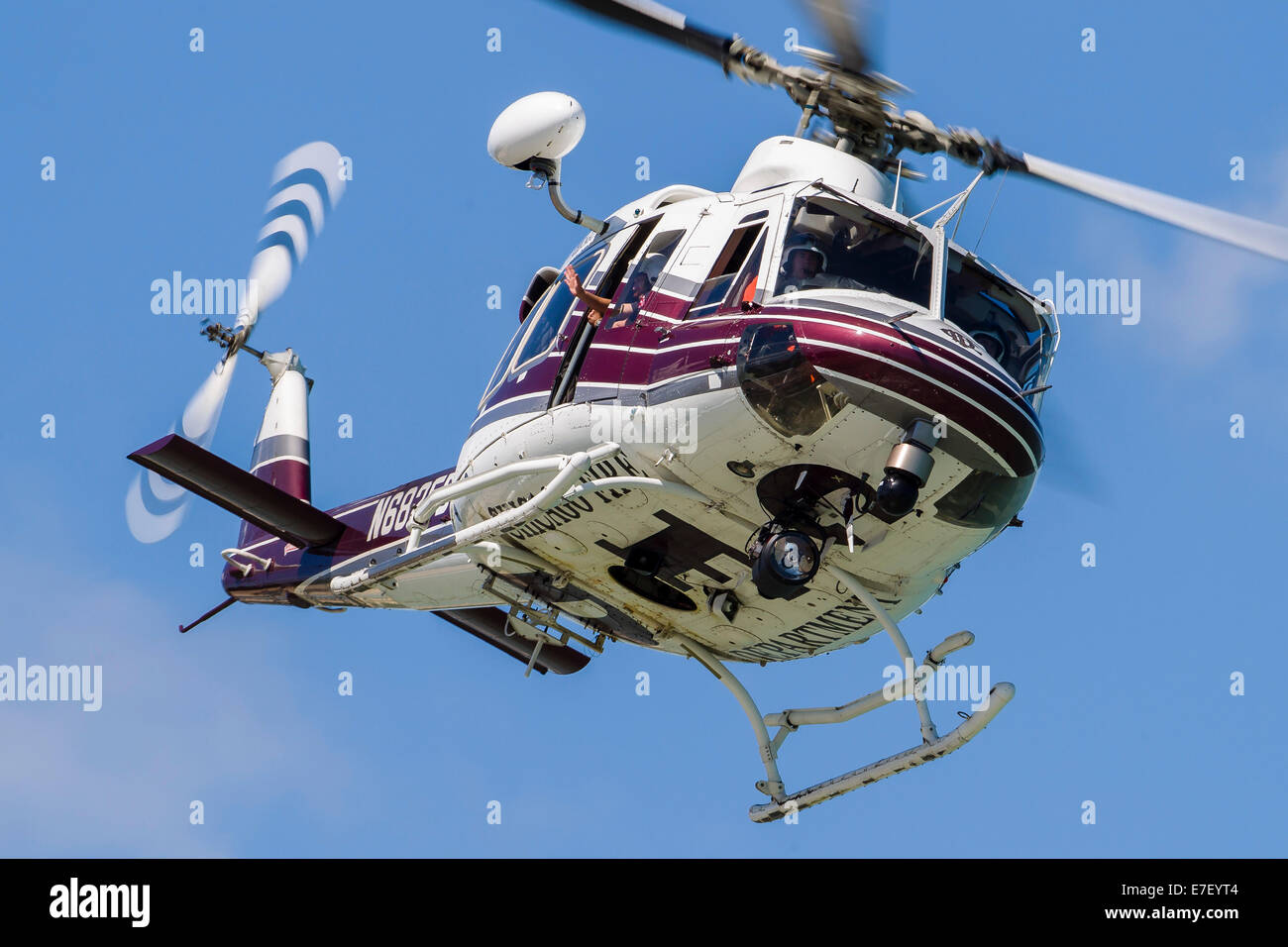 The Chicago Fire Department Bell 412 helicopter flies along the Chicago ...