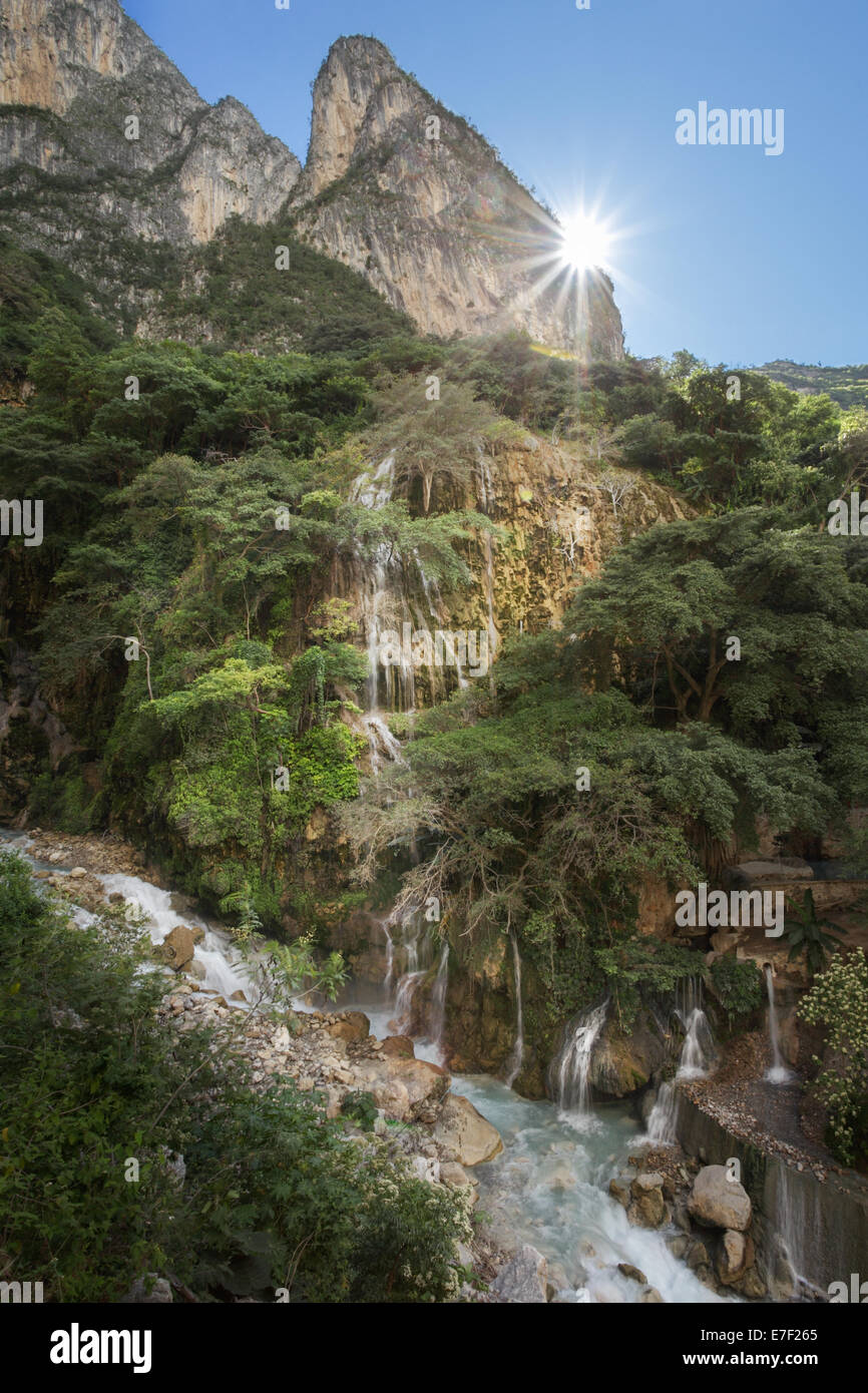 Sunburst over waterfalls at the Tolantongo Hot Springs in Hidalgo ...