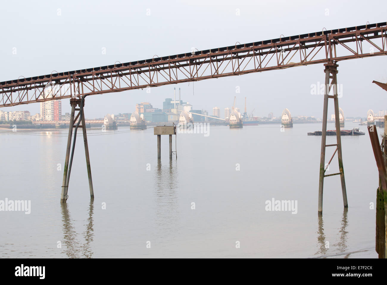 View of the Thames barrier through a metal structure on the Rover ...