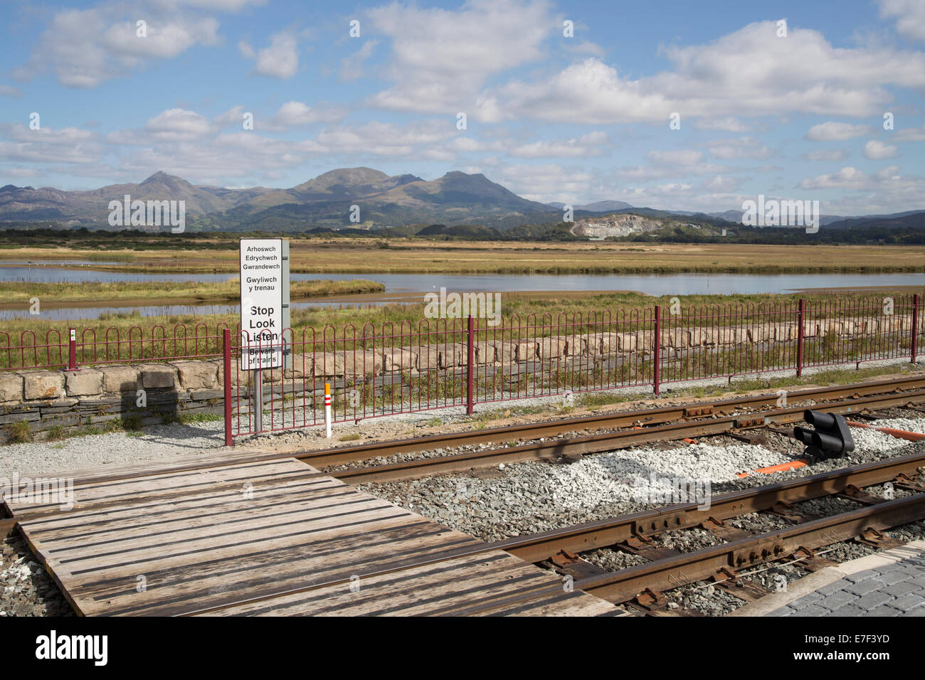 Narrow guage train tracks on the Welsh Highland Railway. Pedestrian ...