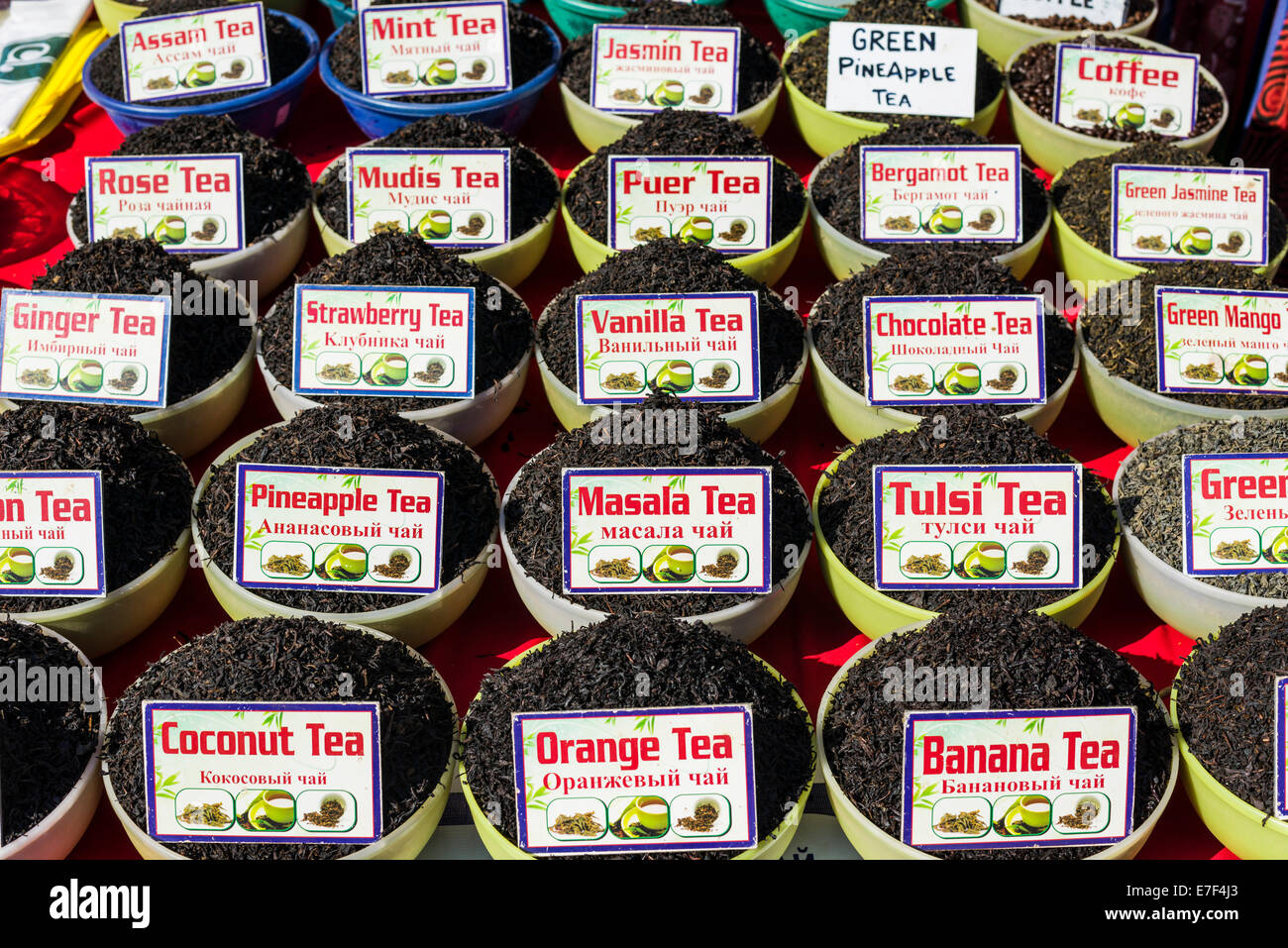 Indian teas for sale at the weekly flea market, Anjuna, Goa, India ...