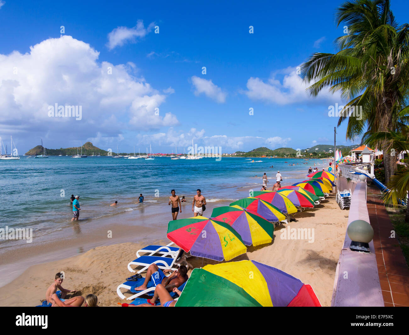 Deck chairs on the beach of Rodney Bay, Saint Lucia, Windward Islands ...