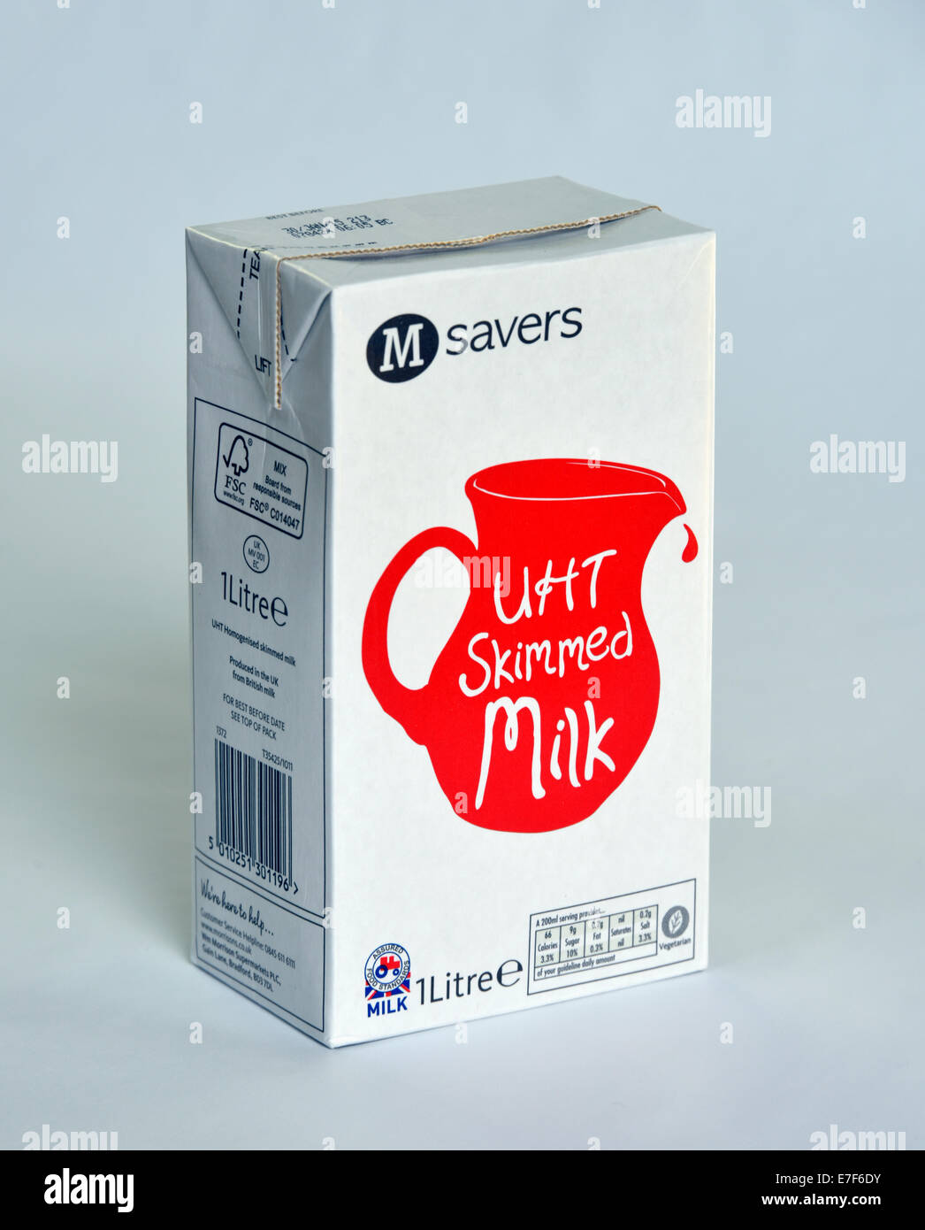 Container of UHT Skimmed Milk. 1 litre. Morrisons Savers Stock Photo ...